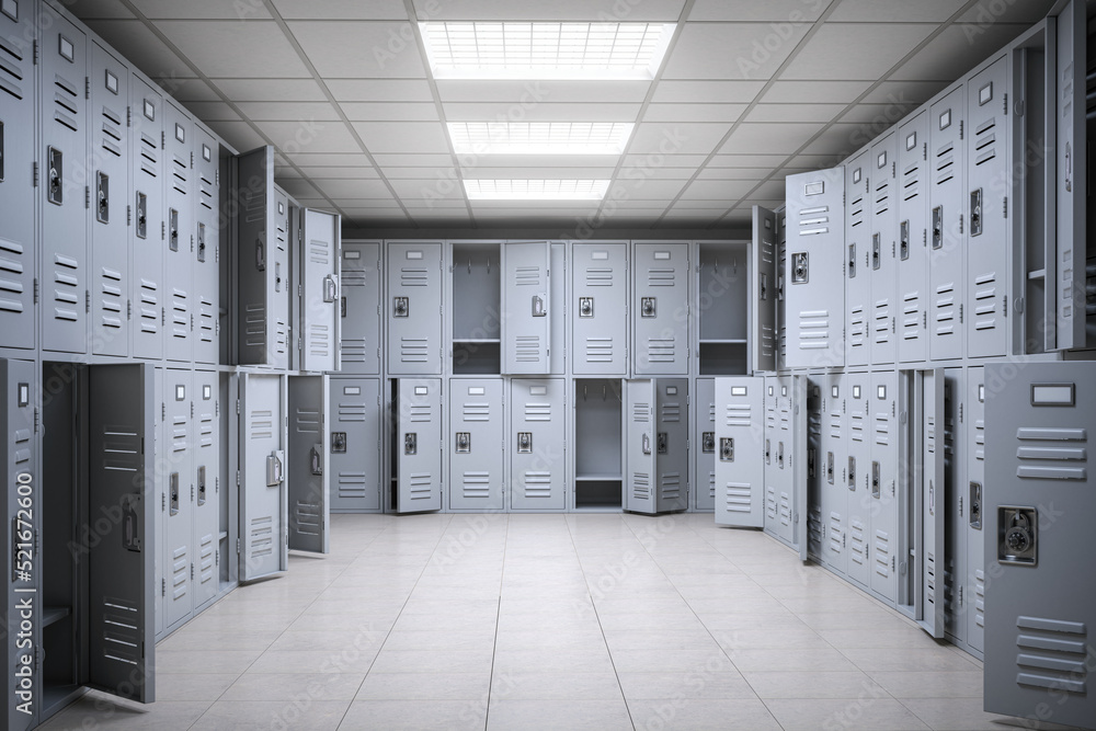 School Locker room with open and closed doors. Stock Illustration ...
