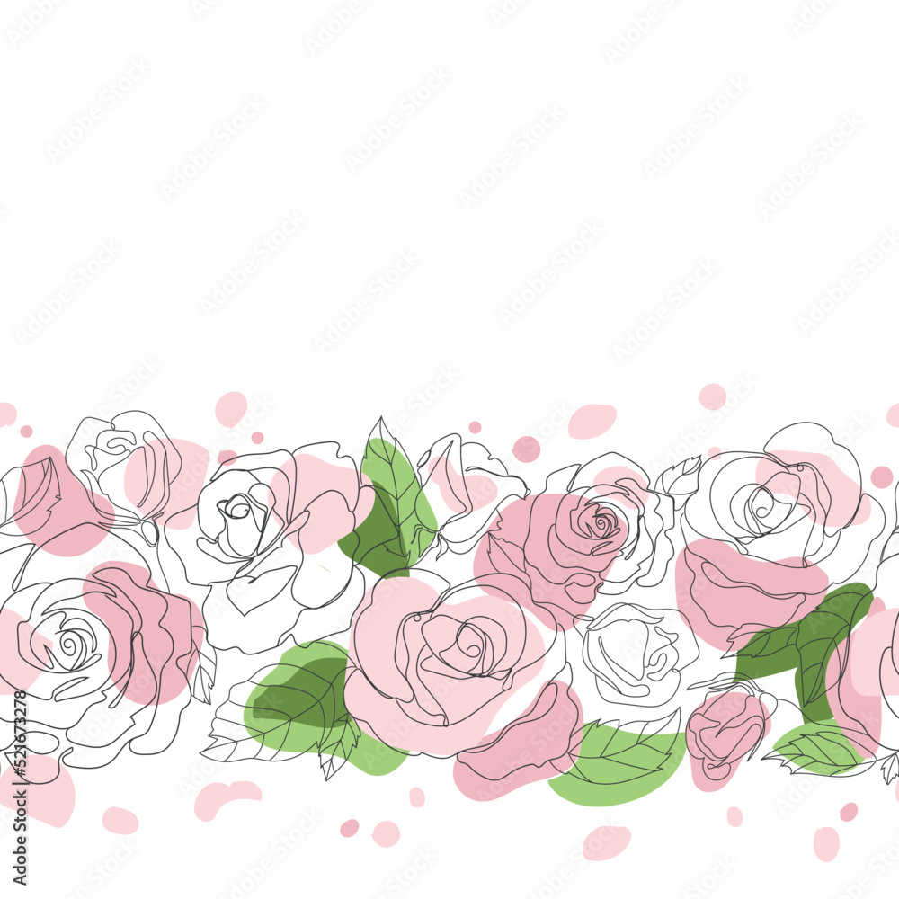 Roses line drawing seamless border with pink spots petals on white ...