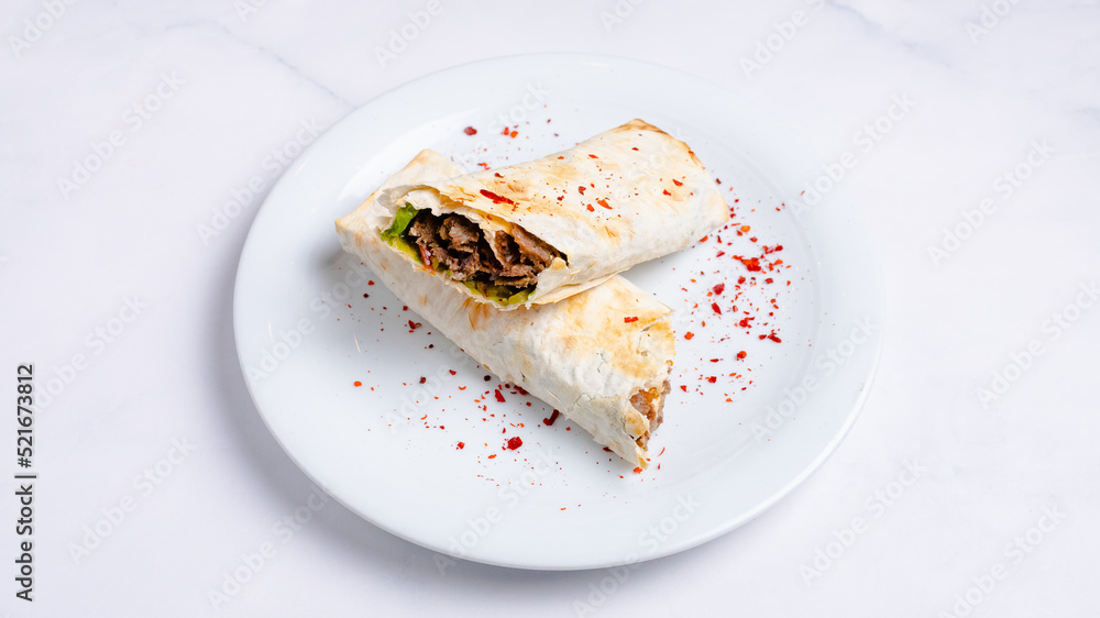Beef durum kebab isolated. Beef lavash doner kebab Stock Photo | Adobe ...