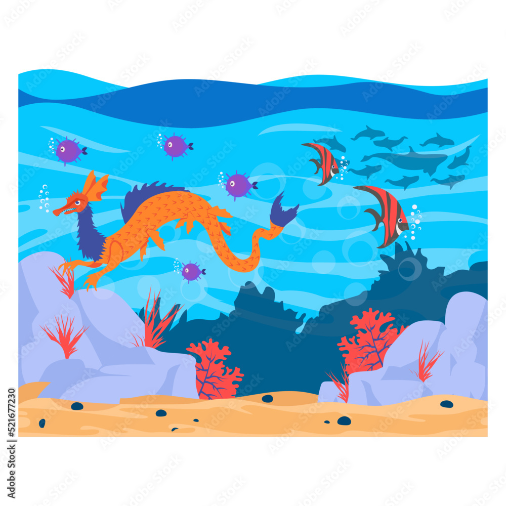 dwarf seahorse deep ocean concept, Cartoon aquatic animals and fishes ...
