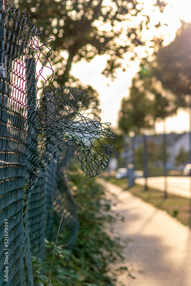 Green damaged wire-mesh fence is ruined after collision with car ...