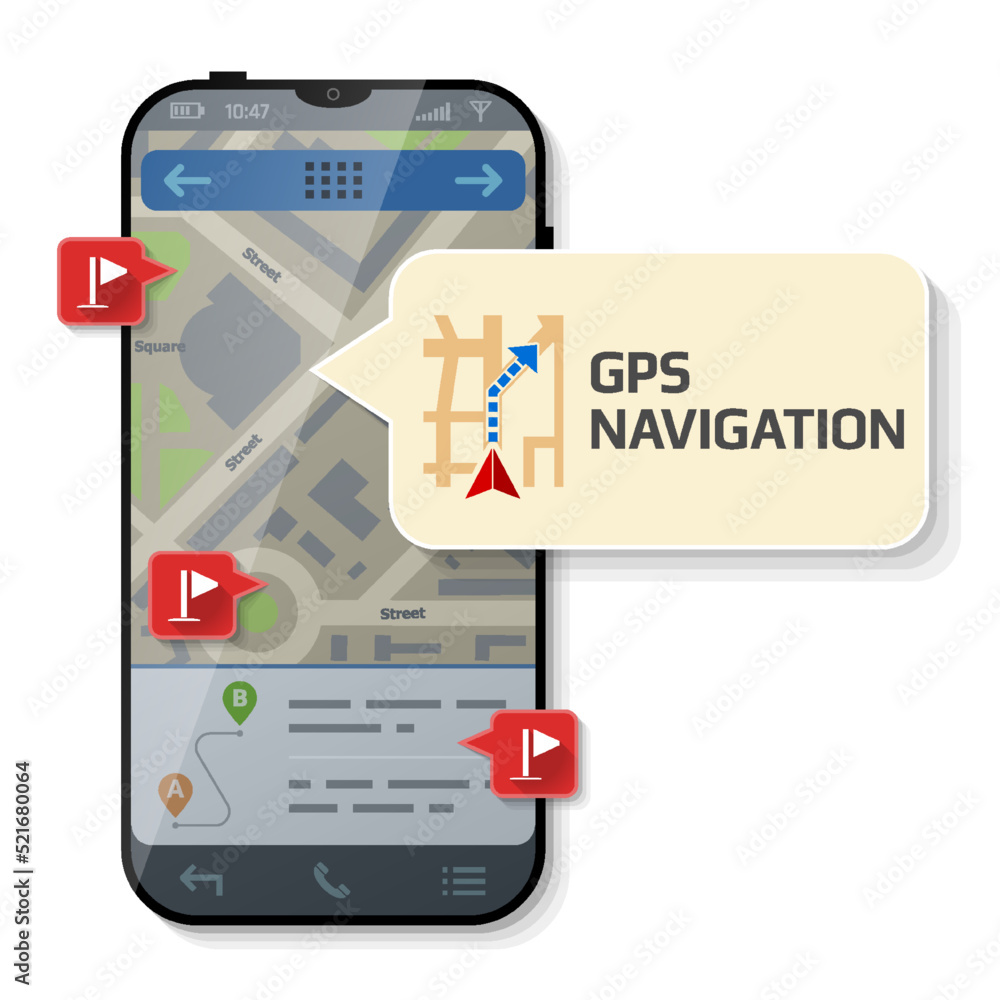 Smartphone with message bubble about gps navigation. Dialog box pop up ...