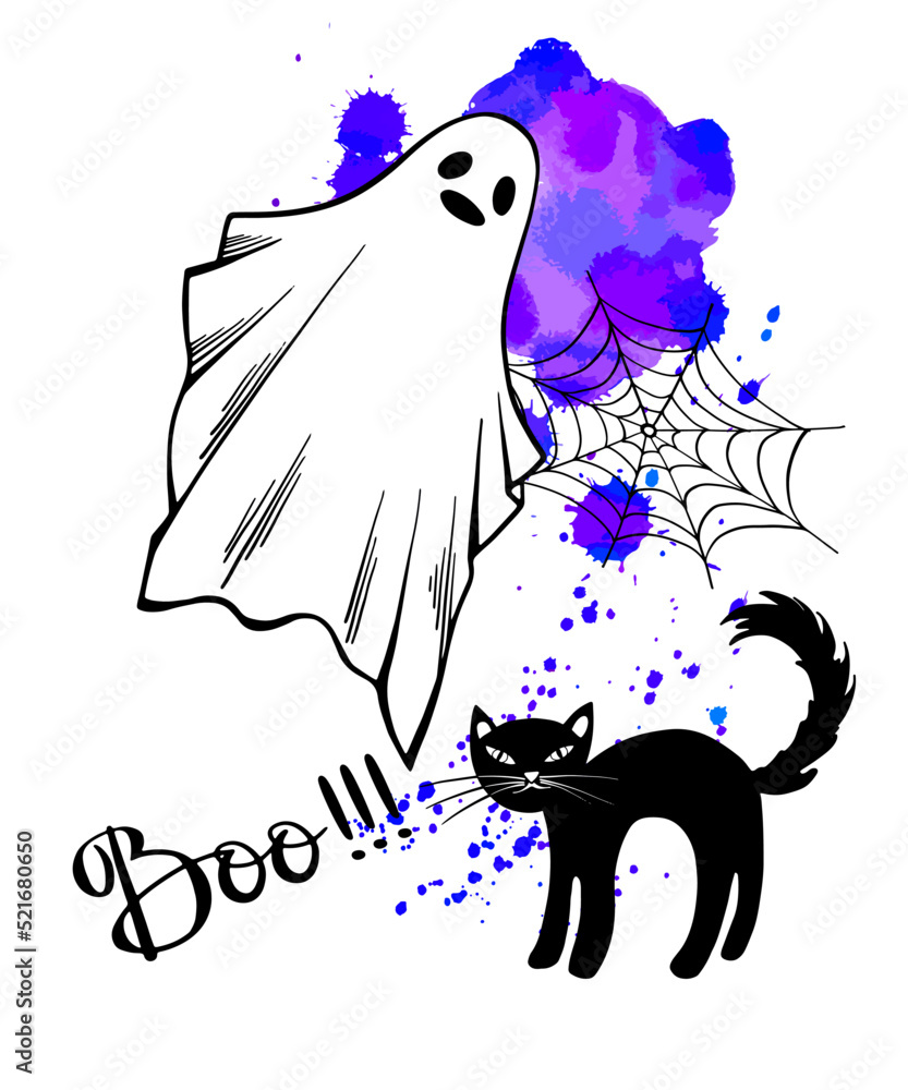 Cute Halloween Ghost and Black Cat with spider web. Lettering BOO. Hand ...