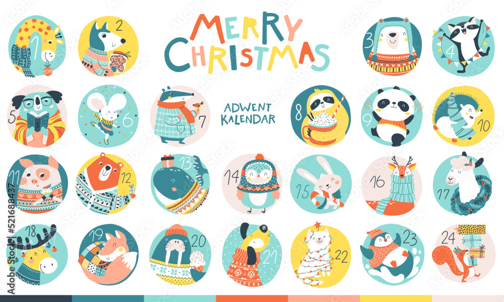 Advent calendar. Christmas winter animal characters in simple hand ...