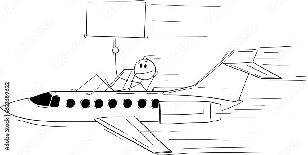 Person Flying on Aircraft and Holding Empty Sign, Vector Cartoon Stick ...