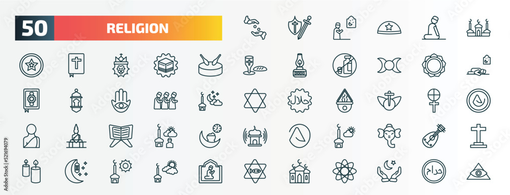 set of 50 special lineal religion icons. outline icons such as sadaqah ...
