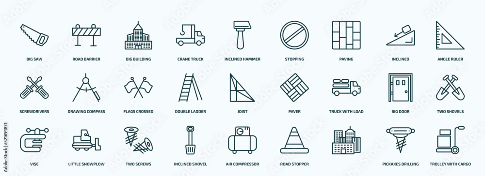 special lineal construction icons set. outline icons such as big saw ...
