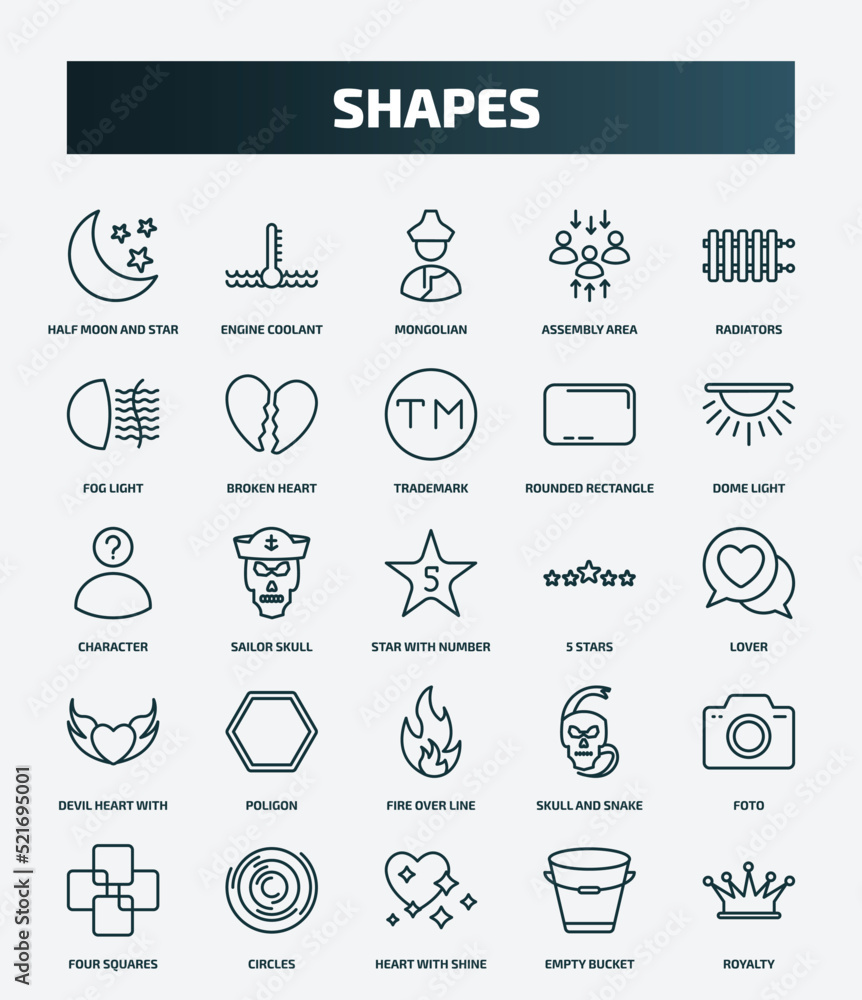 set of 25 special lineal shapes icons. outline icons such as half moon ...