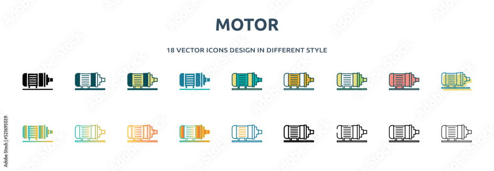 motor icon in 18 different styles such as thin line, thick line, two color, glyph, colorful ...