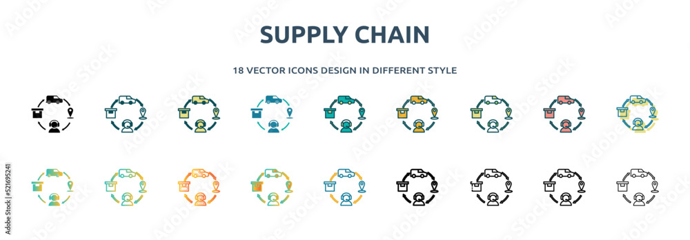 supply chain icon in 18 different styles such as thin line, thick line ...