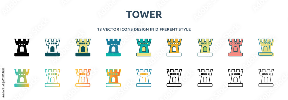tower icon in 18 different styles such as thin line, thick line, two ...