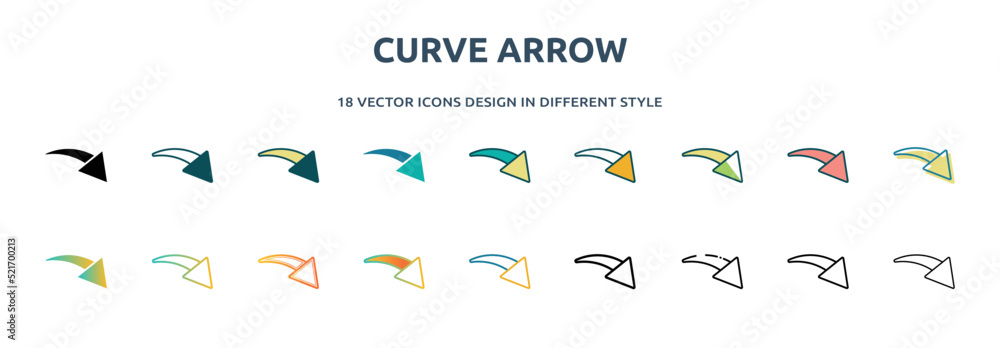 curve arrow icon in 18 different styles such as thin line, thick line ...