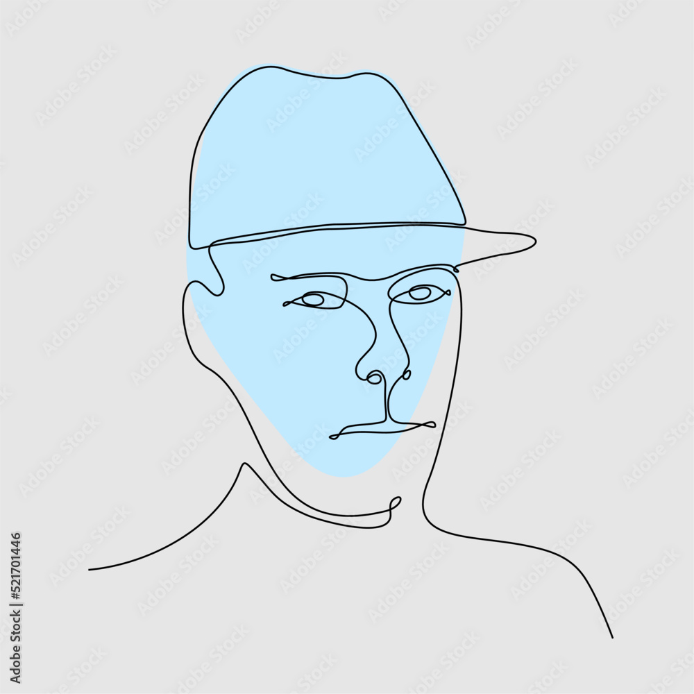 One continuous drawing line portrait of a young man in a hat, cap ...