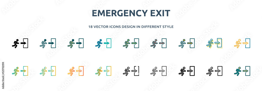 emergency exit icon in 18 different styles such as thin line, thick ...