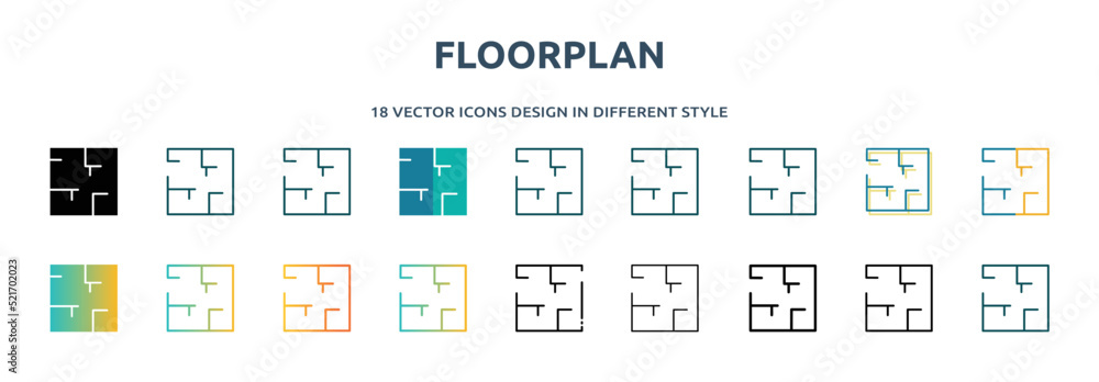 floorplan icon in 18 different styles such as thin line, thick line, two color, glyph, colorful ...