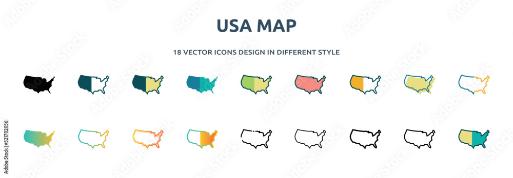 usa map icon in 18 different styles such as thin line, thick line, two ...