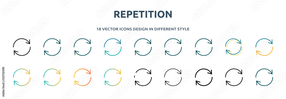 repetition icon in 18 different styles such as thin line, thick line, two color, glyph, colorful ...