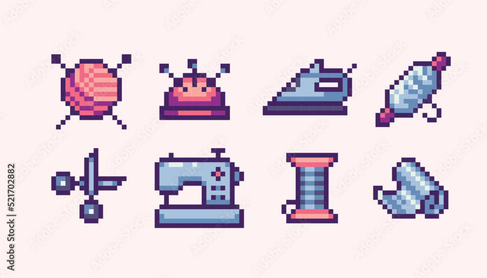 Sewing, tailoring pixel art set. Yarn, thread, spool, scissors, pins ...