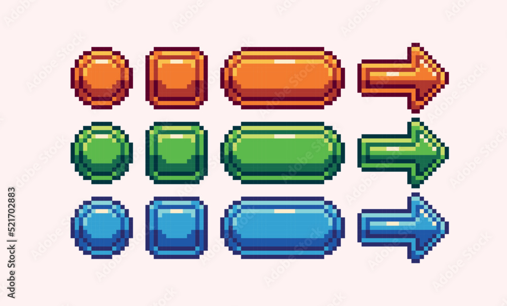 Buttons pixel art set. Square, circle, arrow push interface collection ...