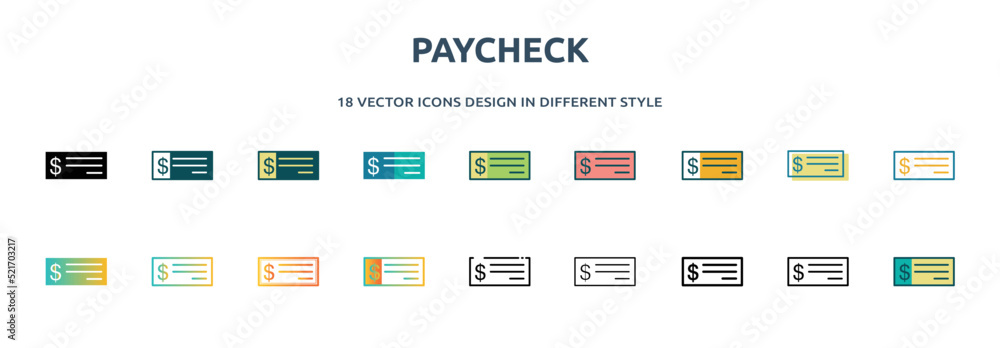 paycheck icon in 18 different styles such as thin line, thick line, two ...