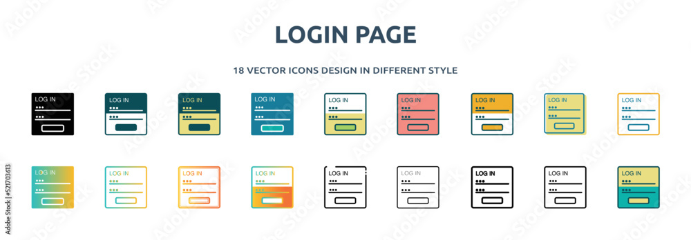 login page icon in 18 different styles such as thin line, thick line ...