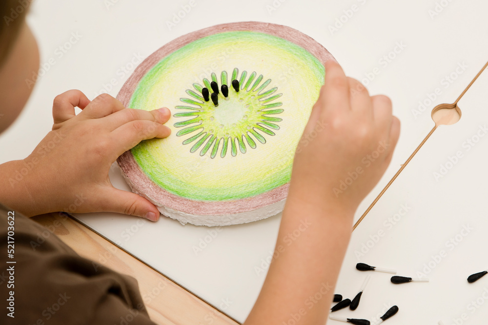 Slice of Kiwi fruit. DIY home made paper toy. Seeds made of black ...