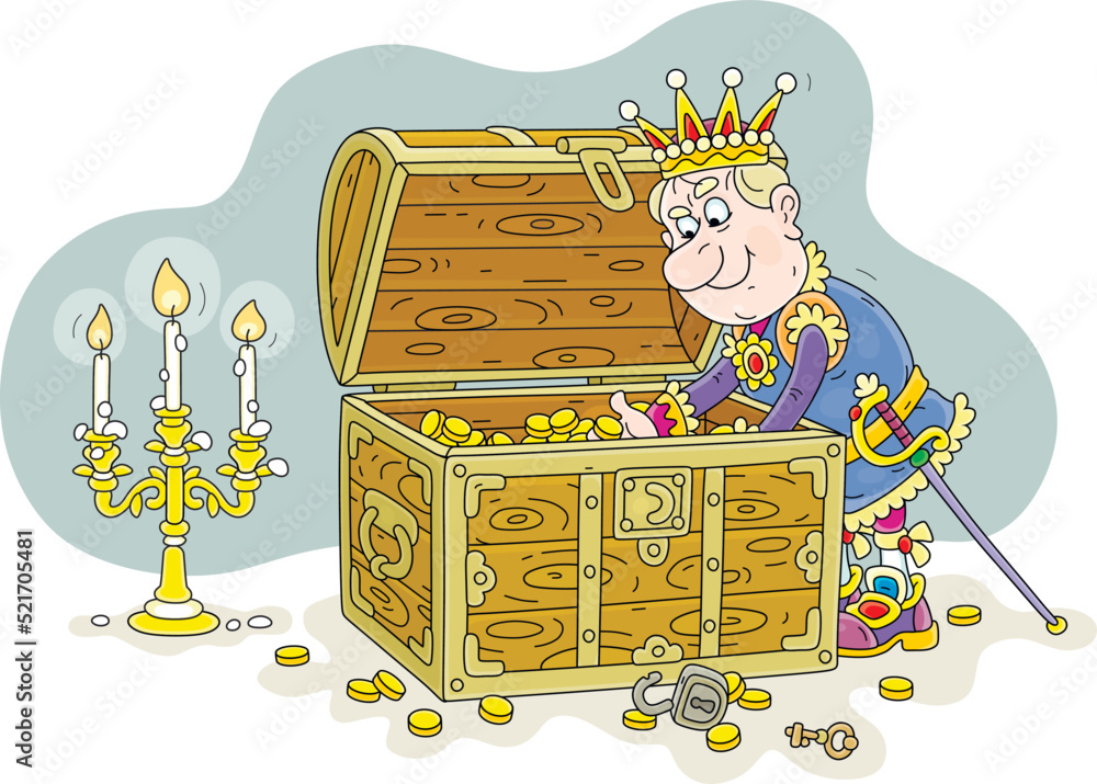 Greedy king counting gold coins in a chest from his royal treasury ...