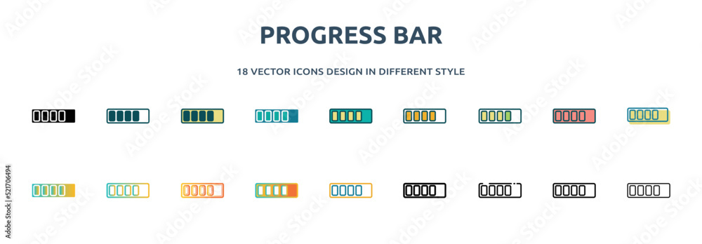progress bar icon in 18 different styles such as thin line, thick line ...