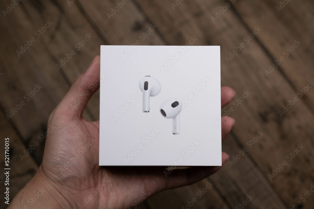 Apple AirPods 3 in original box and packaging. Stock Photo | Adobe Stock
