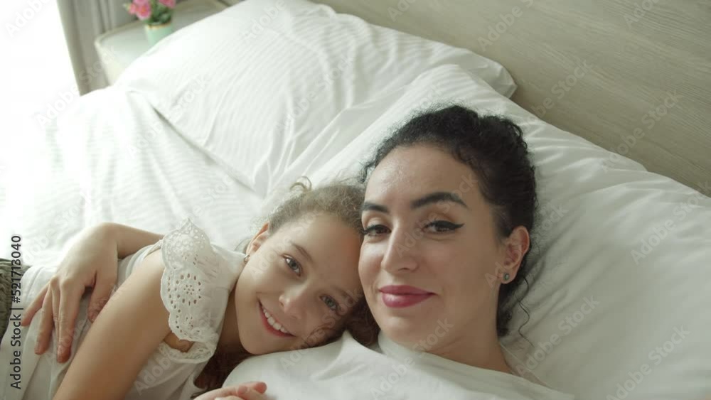 Portrait Happy Cute Funny Cheerful Mom And Daughter Gently Hugging