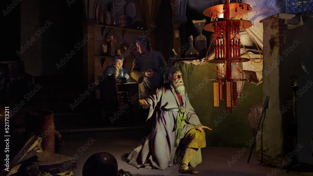 Digital collage, 18th century painting Alchemist in search of the Holy ...