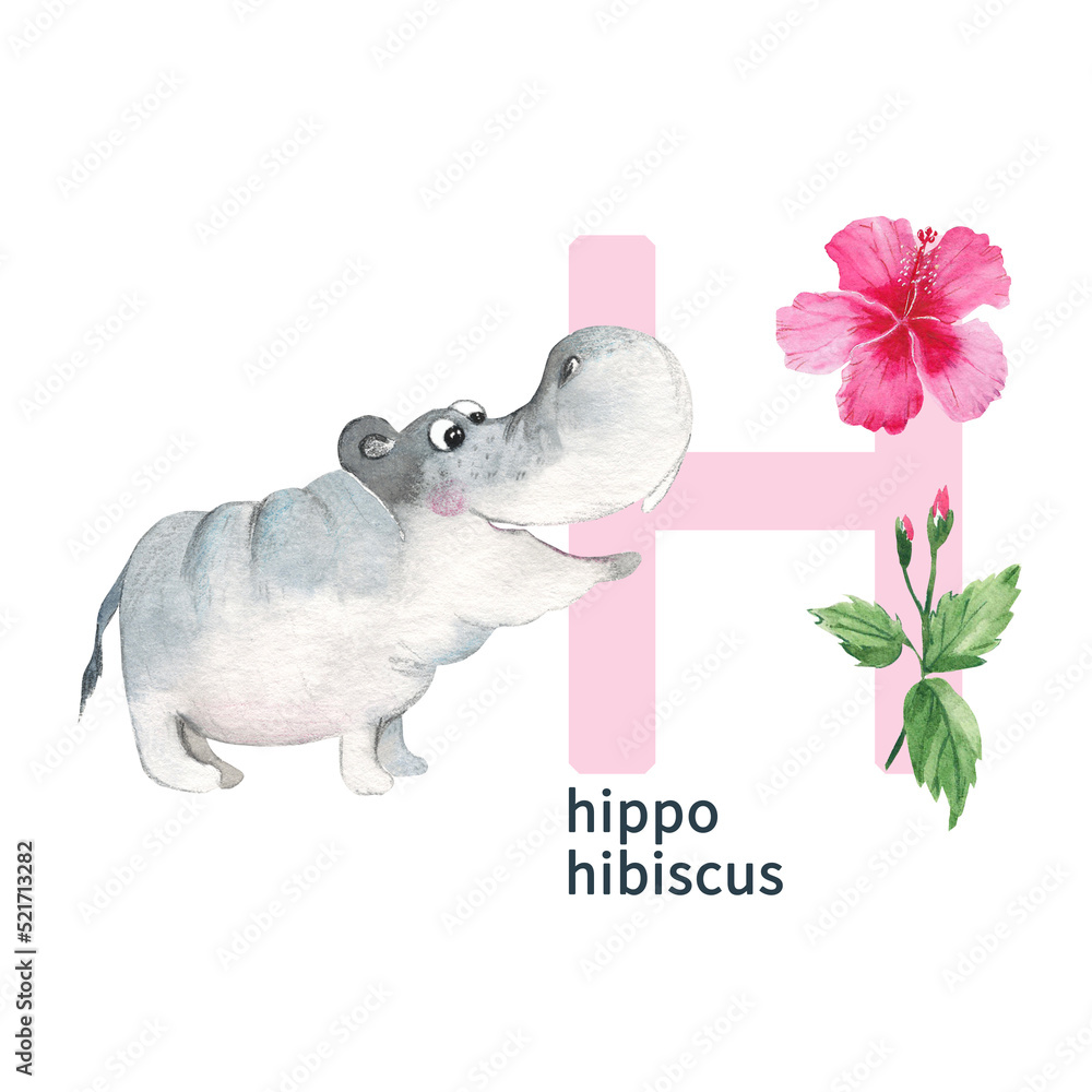 Letter H, hippo with hibiscus, cute kids colorful animals and flower ...