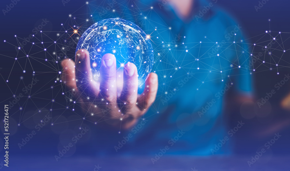 Hand holding virtual global internet world connection of metaverse ...