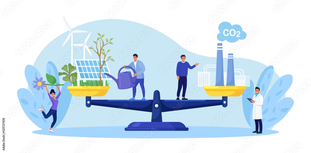 Carbon offset compensation to reduce CO2. Net zero emissions and carbon dioxide neutral balance ...
