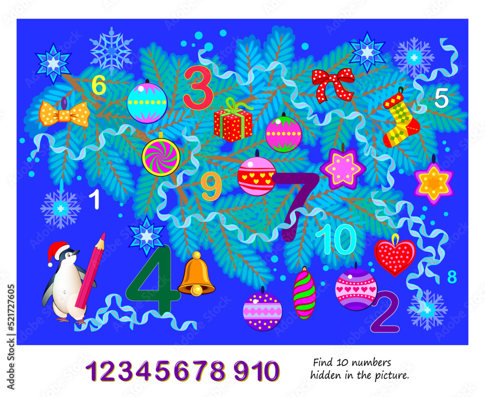 Logic puzzle game for kids. Find 10 numbers hidden in the picture ...