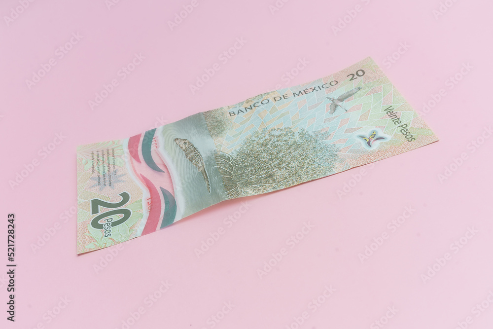Nuevo billete de veinte pesos. 20 pesos de México sobre fondo rosa ...