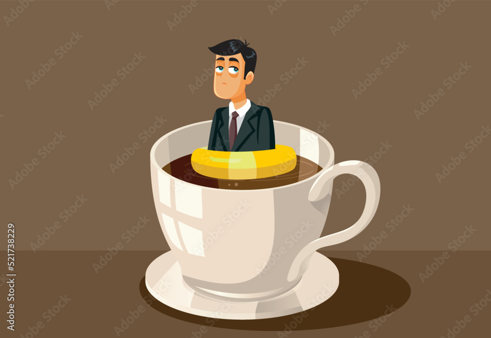 Tired Businessman Wearing a Lifebuoy Swimming in Coffee Vector Cartoon ...