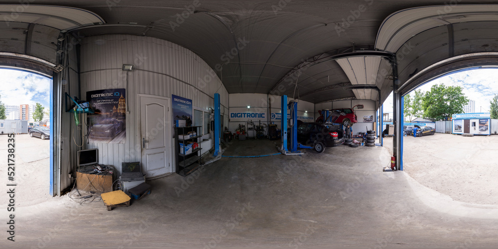Full seamless panorama 360 degrees of car repair station, ready for VR ...
