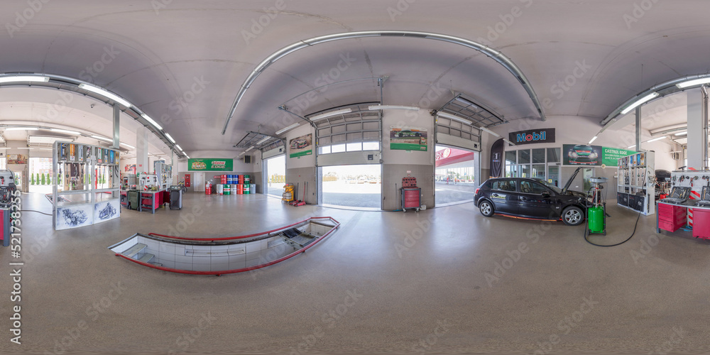 Full seamless panorama 360 degrees of car repair station, ready for VR ...