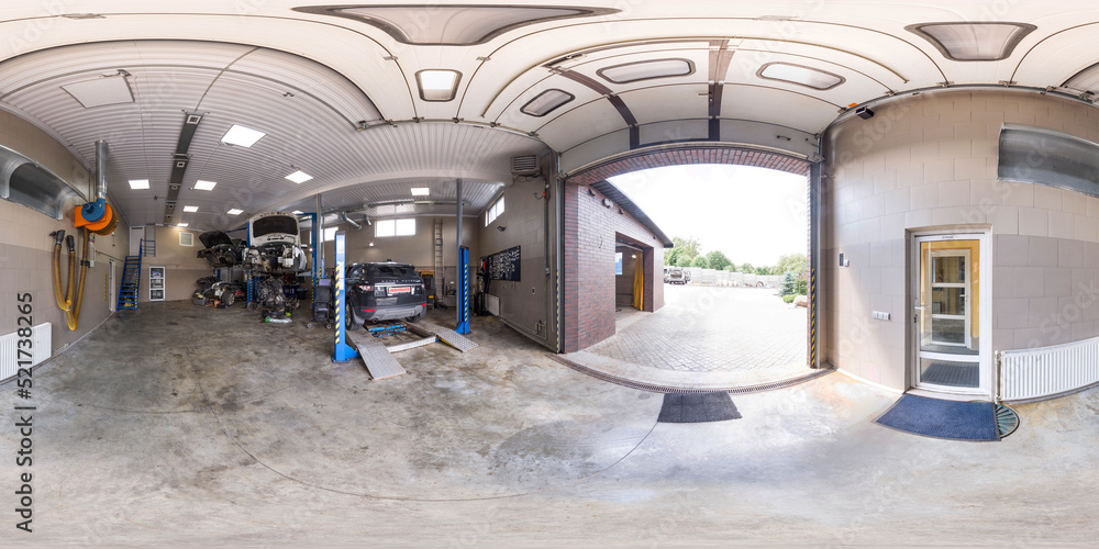 Full seamless panorama 360 degrees of car repair station, ready for VR ...