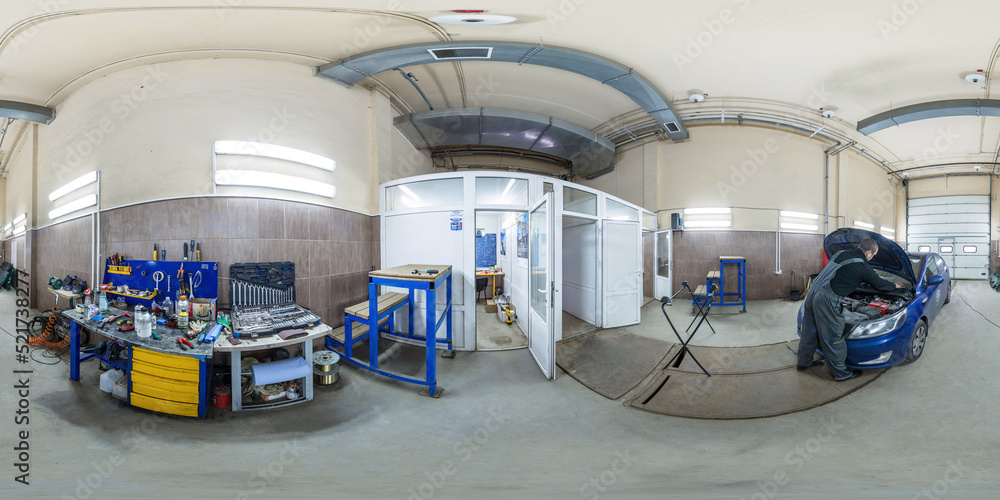 Full seamless panorama 360 degrees of car repair station, ready for VR ...
