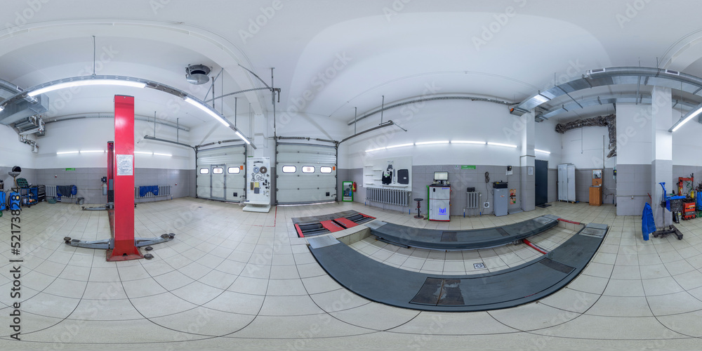 Full seamless panorama 360 degrees of car repair station, ready for VR ...