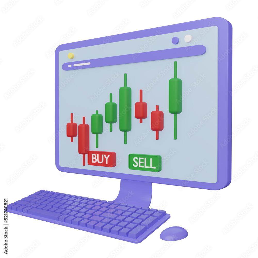 3d rendering of desktop computer with stock price candlestick chart on ...