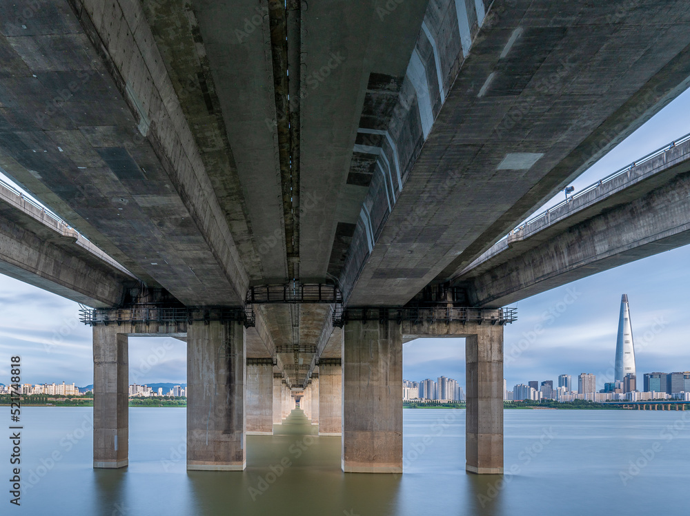 Olympic bridge, Lotte World Tower skyscraper and Han River in Seoul ...
