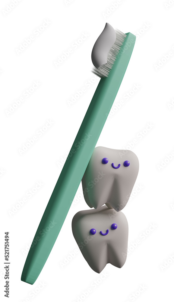 Cute cartoon 3D tooth and toothbrush render on transparent background ...