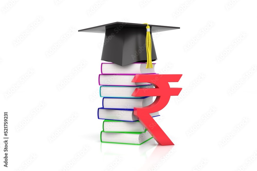 Graduation cap on book stack with Indian rupee symbol - 3D rendered ...