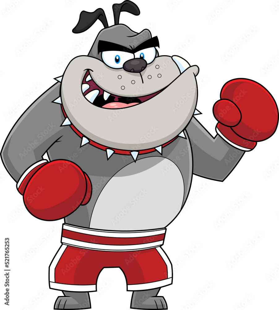Gray Bulldog Cartoon Character Boxer Ready To Fight. Vector Hand Drawn ...