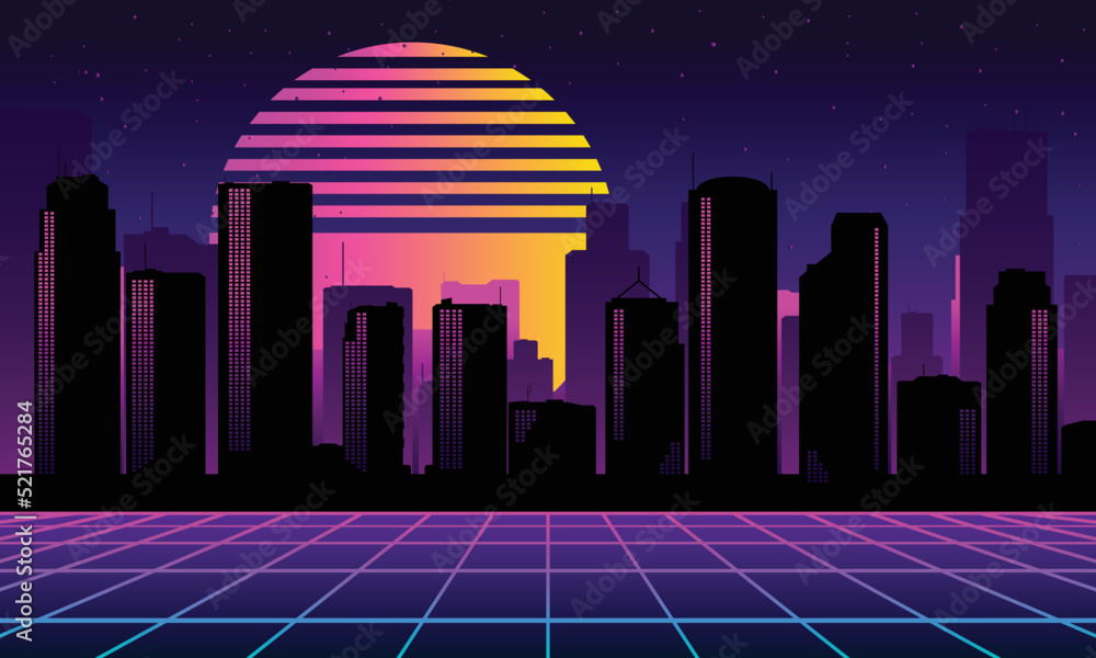 Retro 1980s city Background Vector silhouette with big moon Stock ...