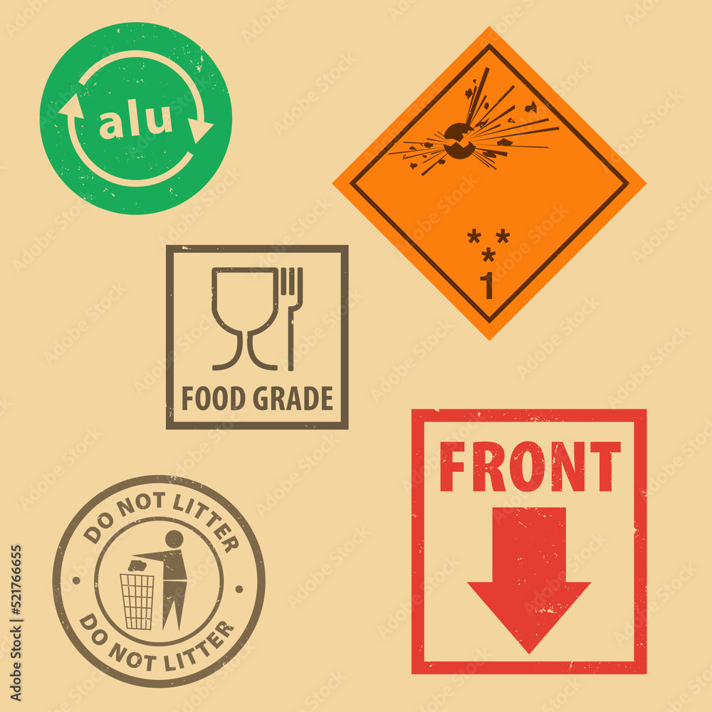 Set of fragile sticker Front and case icon packaging symbols sign, do not litter and Explosives ...