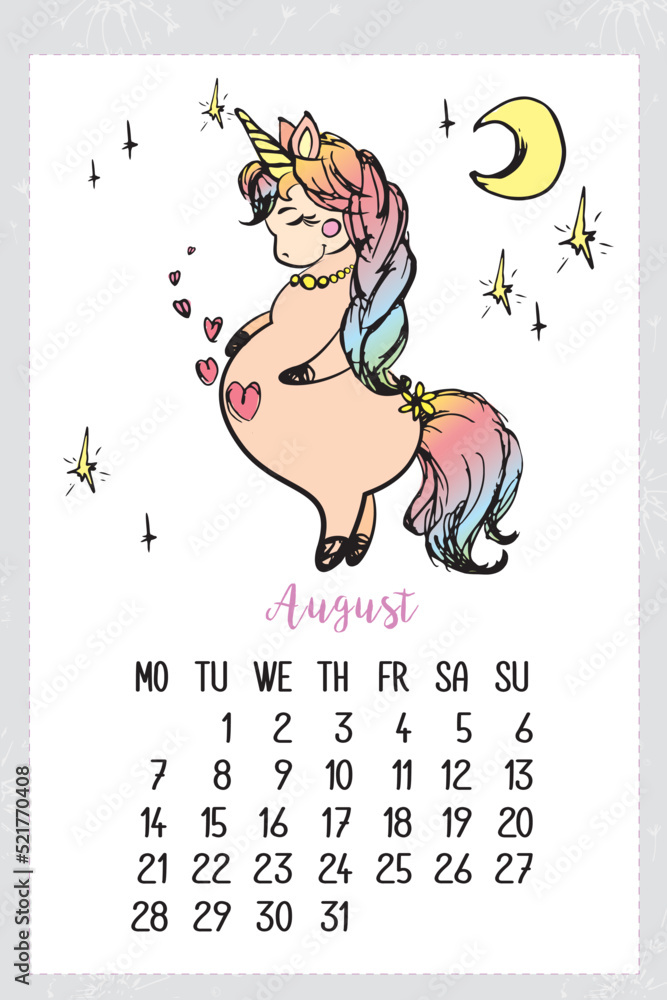 Calendar august 2023 with cute unicorn. Monthly calendar in hand drawn ...